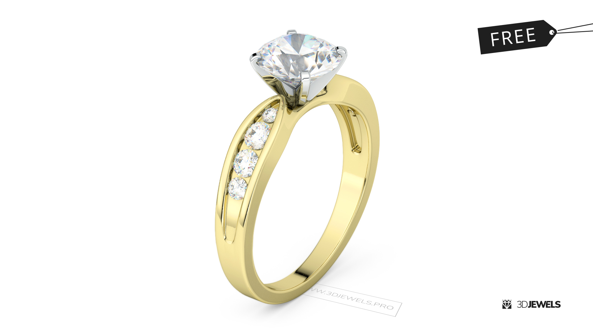 Round-Cut Diamond Tapered Shank Ring Free 3D Model | 3DJewels
