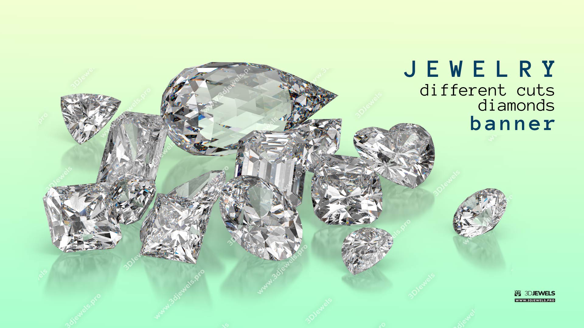 Different Cut Diamonds Jewelry Banner | 3DJewels