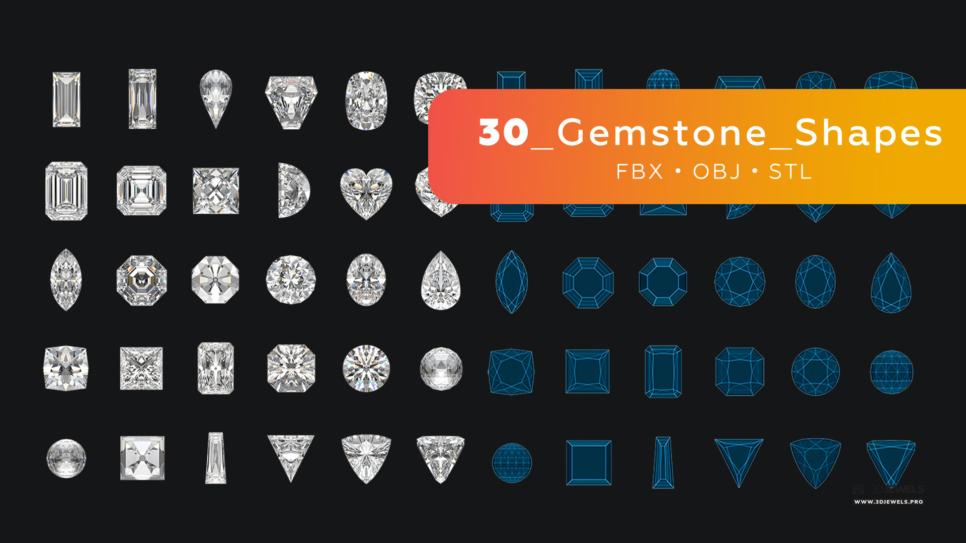 30 Gemstone Shapes 3D Models for Jewelry Design Pack3 | 3DJewels