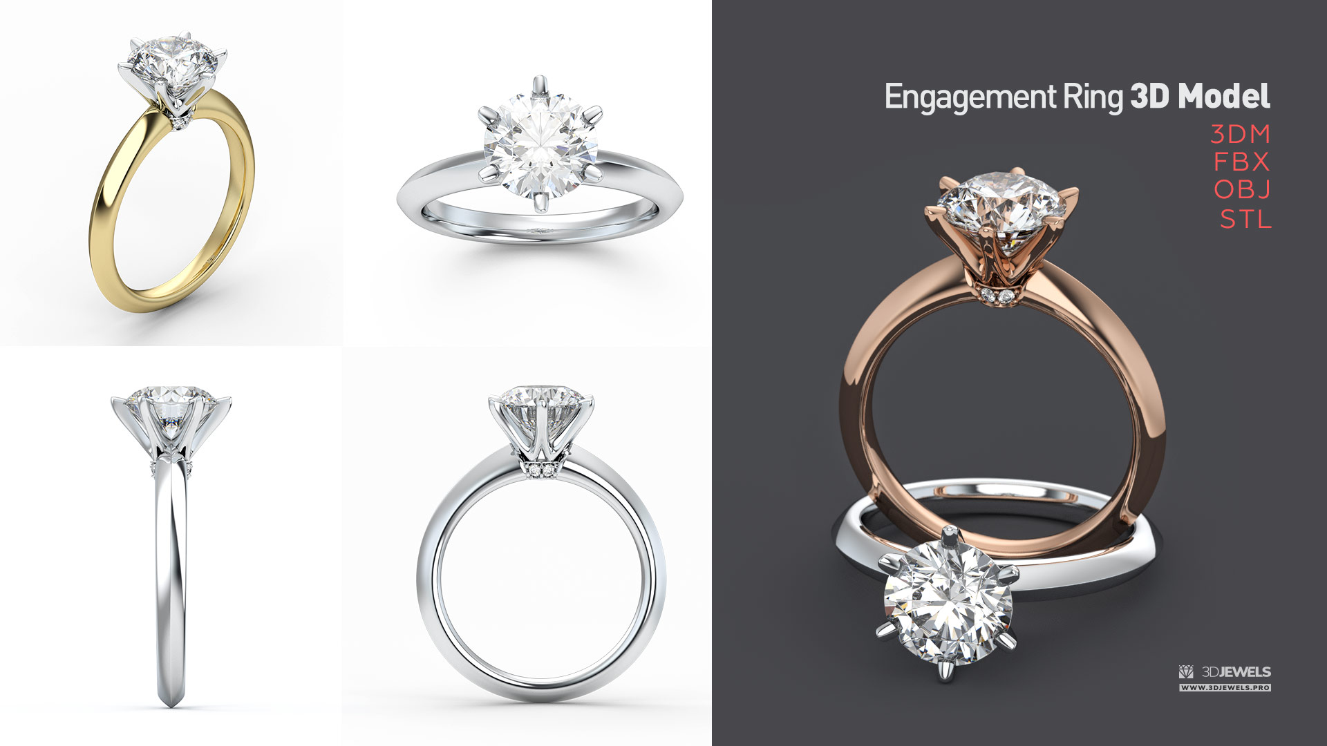 Diamond Engagement Ring 3D Model with the Six-prong Setting. 13 sizes.