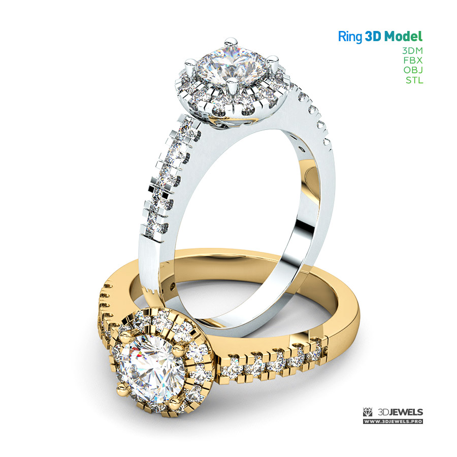 Halo Diamond Engagement Ring with Side Stones 3D Model. 23 sizes. | 3DJewels
